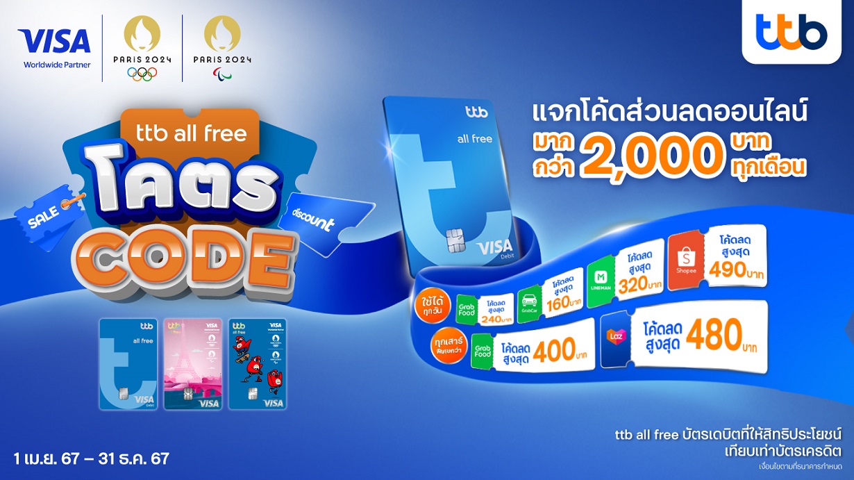 บัตรเดบิต ttb all free จัดแคมเปญใหญ่ โคตร CODE ออนไลน์ จับมือพันธมิตรมอบโค้ดส่วนลด มากกว่า 2,000 ...